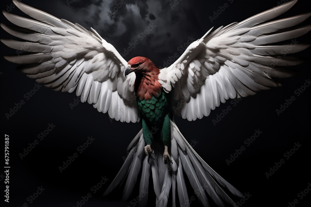 phoenix bird with with white red, black and green feather, palestinian ...