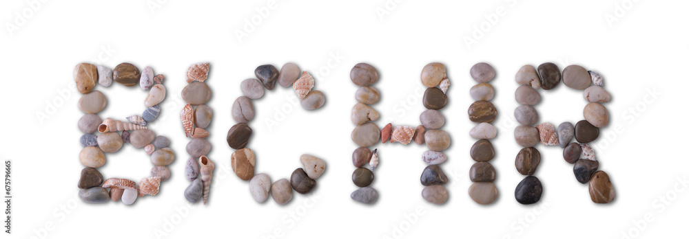 The word "BICHIR" is lined with shells and stones of different shapes ...