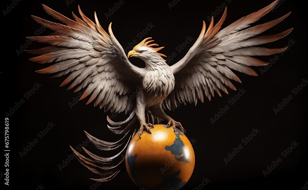 phoenix bird with with golden feather hold a realistic earth globe and ...