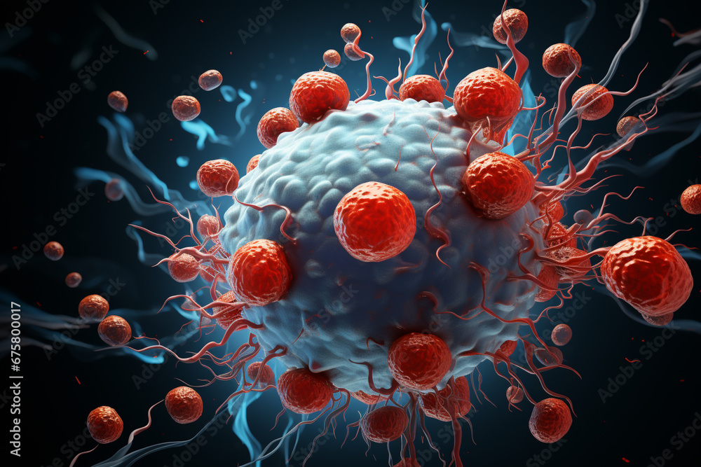 Depicting cancerous cells invading and attacking healthy brain tissue ...