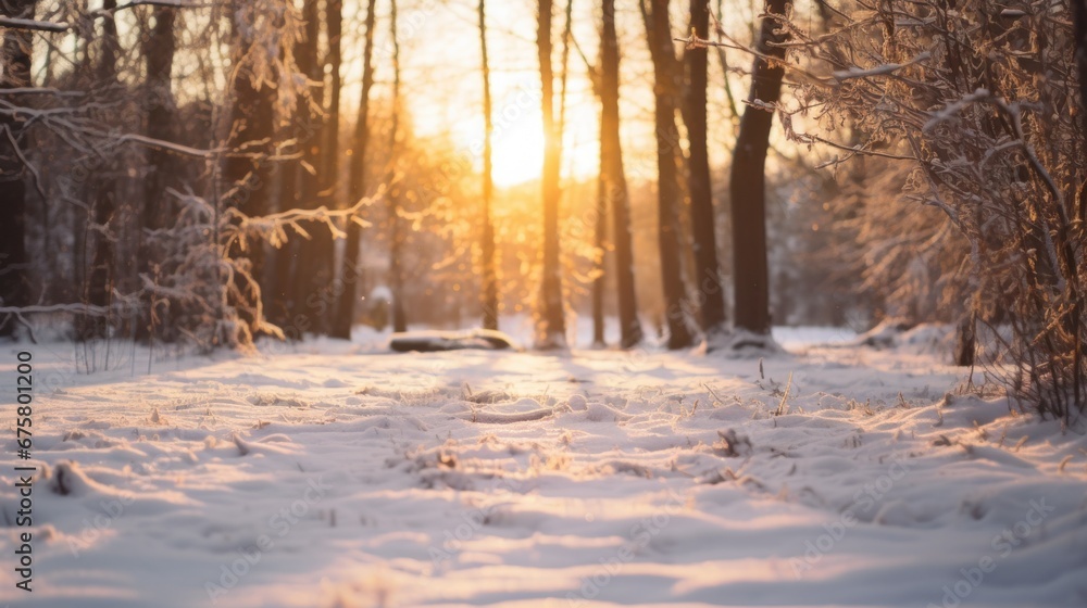Foto de Winter solstice in snowy forest or park natural scene. Hibernal ...