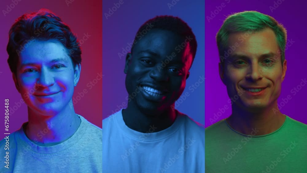 Multi Screen of Happy Portraits of Men Together Looking at Camera and ...