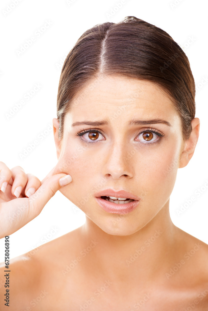 Skin care, pinch and portrait of woman with problem, stress or cheek ...