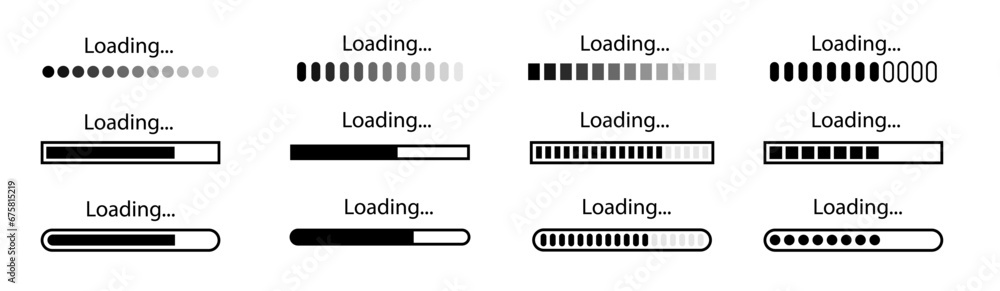 Loading bar icons. Set loading bar progress icon. Loading status on white background. Vector ...