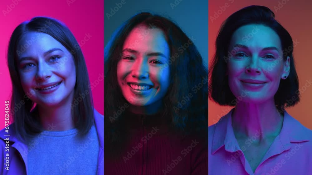 Multi Screen of Happy Portraits of Women Together Looking at Camera and ...