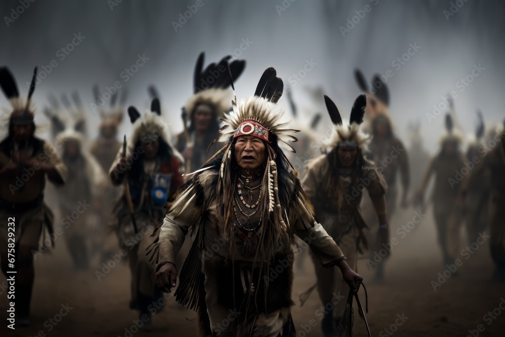 Native Americans warriors performing traditional war dances ...