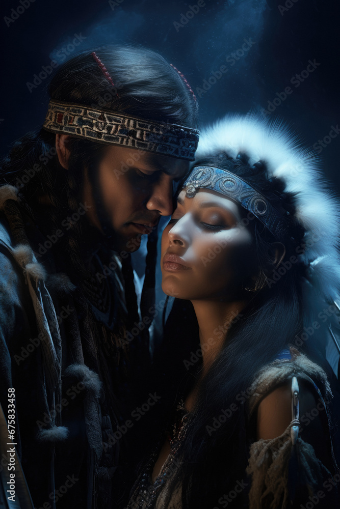 Native American Indigenous Young Couple in Love - Traditional Tribal ...