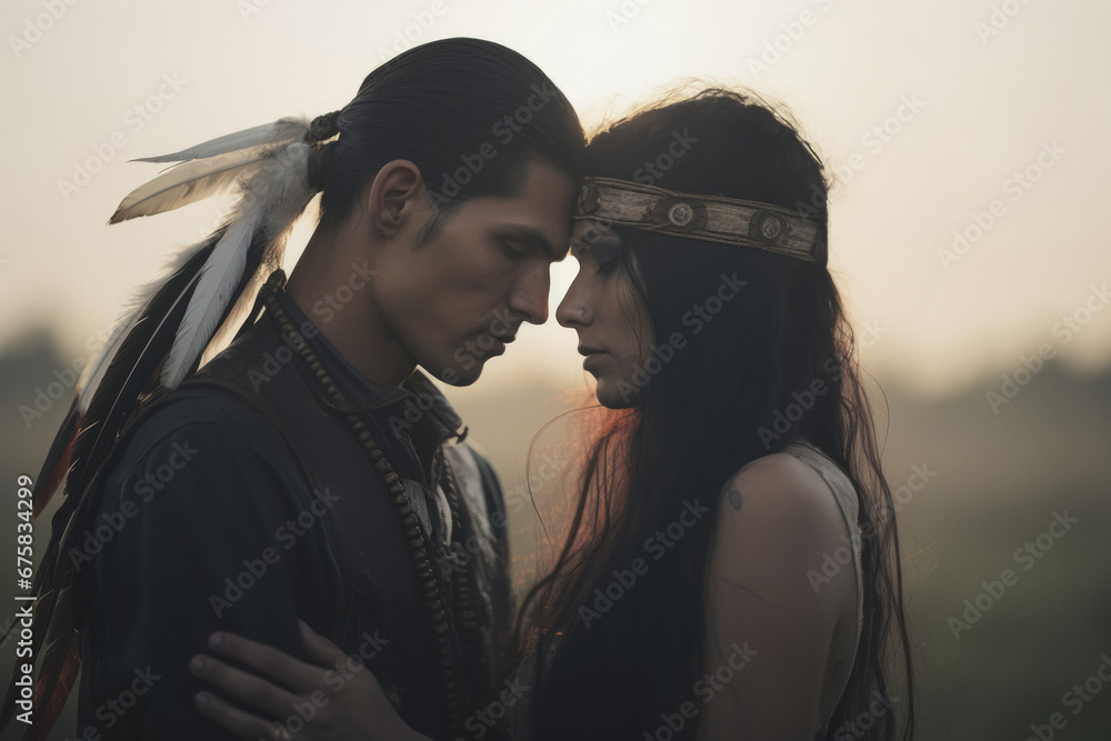 Native American Indigenous Young Couple in Love - Traditional Tribal ...