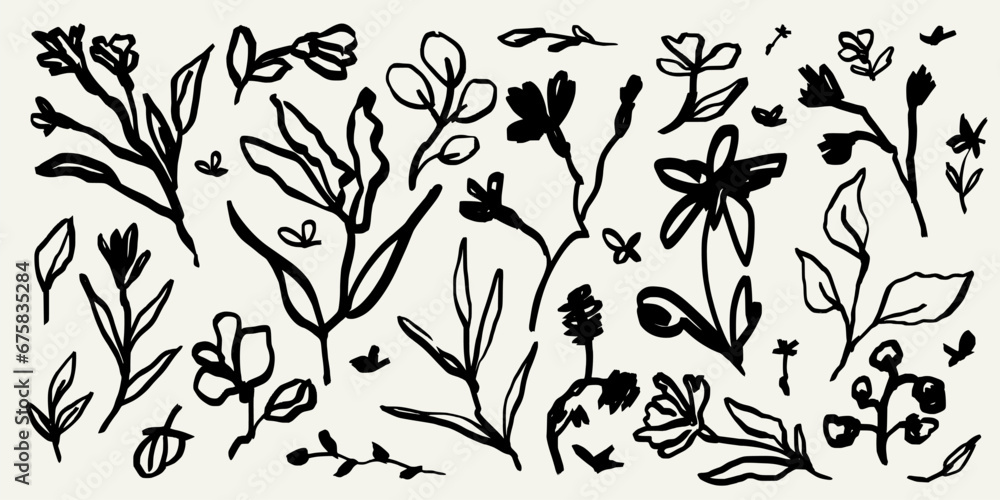 Abstract contemporary flowers with textures. Modern vector illustration. Small hand-drawn ...