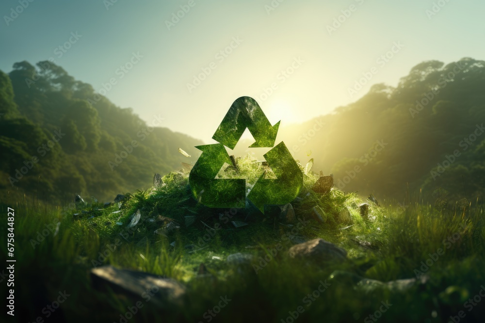 Recycle arrow symbol on green grass for sustainability, environment and package pollution ...