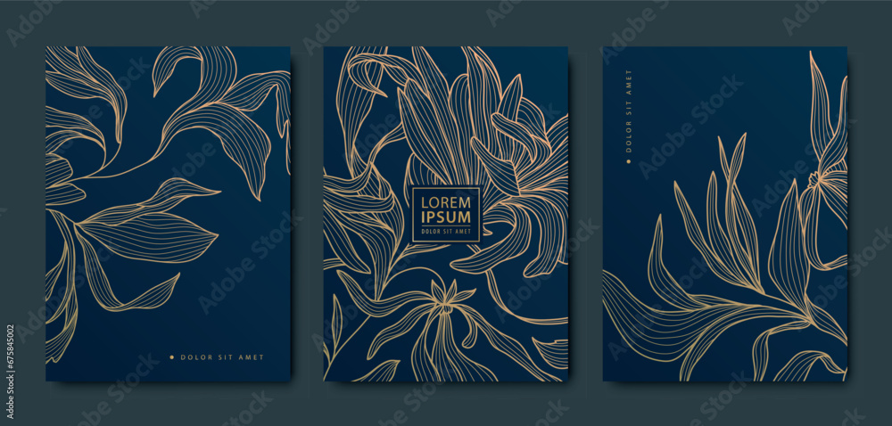Vector art deco, luxury golden floral covers. Line japanese style ...
