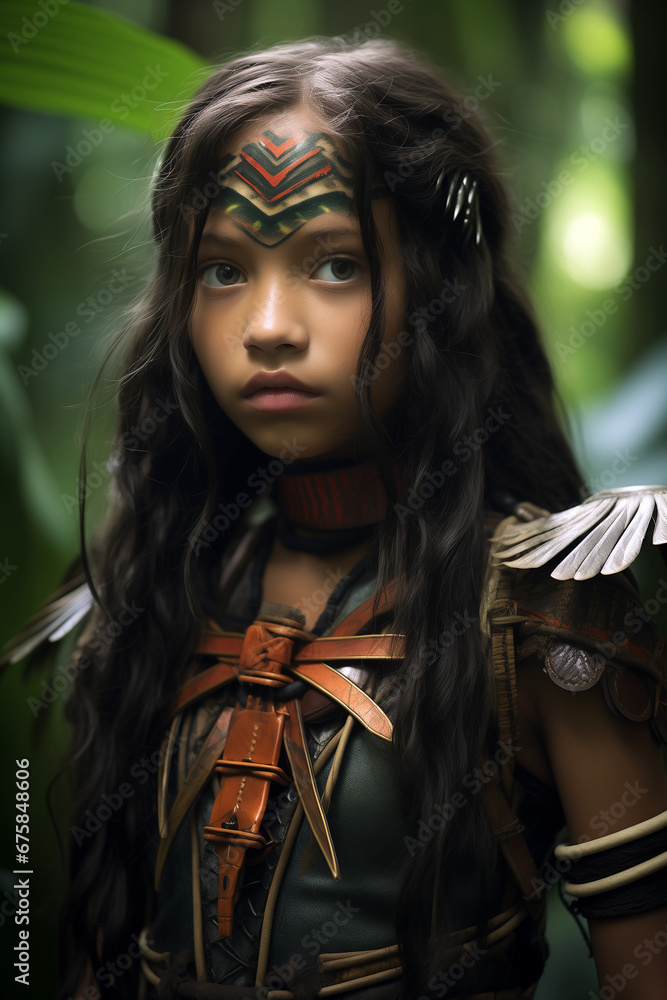 young native amazon girl wearing traditional rainforest clothes within ...