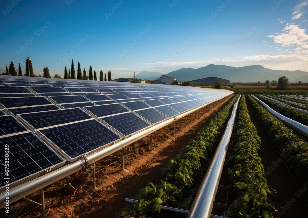 Farmland enhanced with agrivoltaics, where solar panels are ...
