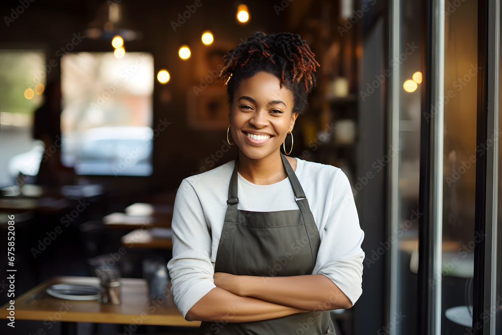 Smiling black female chef in her restaurant, women and black owned ...
