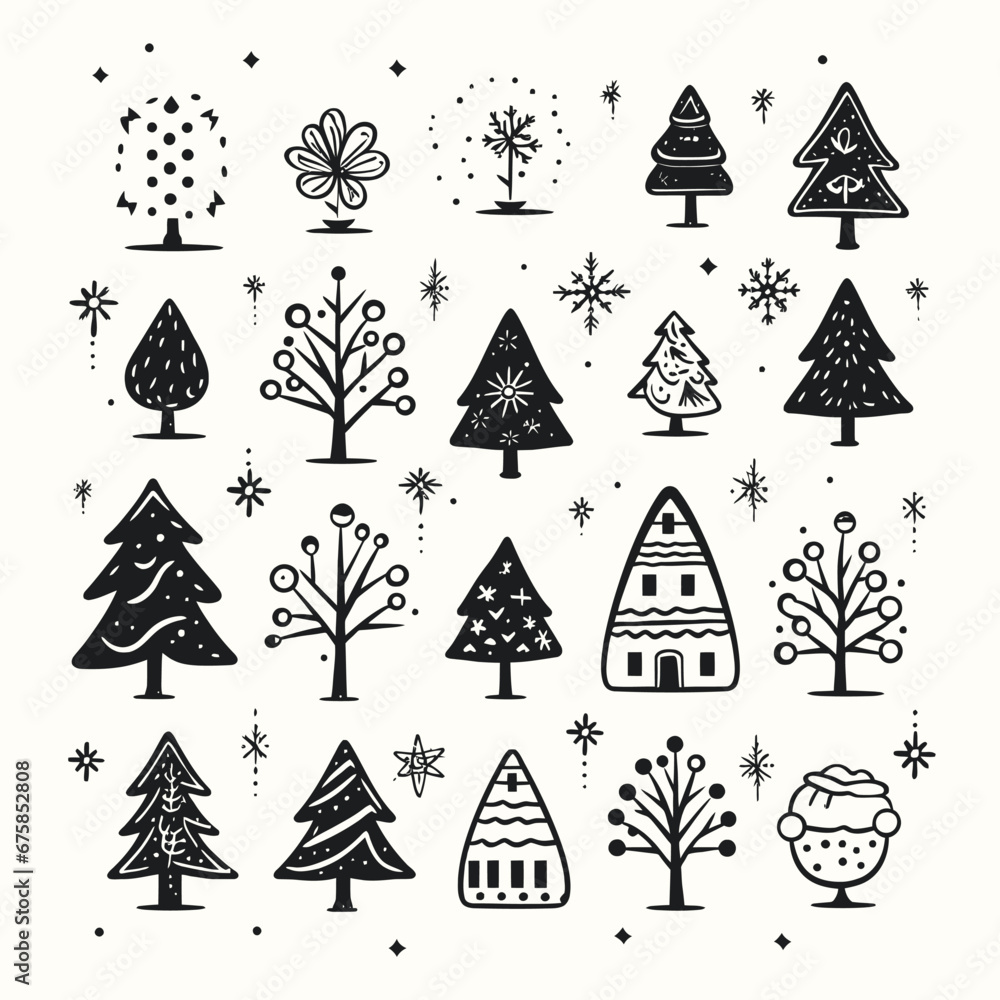 Vector black doodle christmas symbols clipart on white background Stock ...