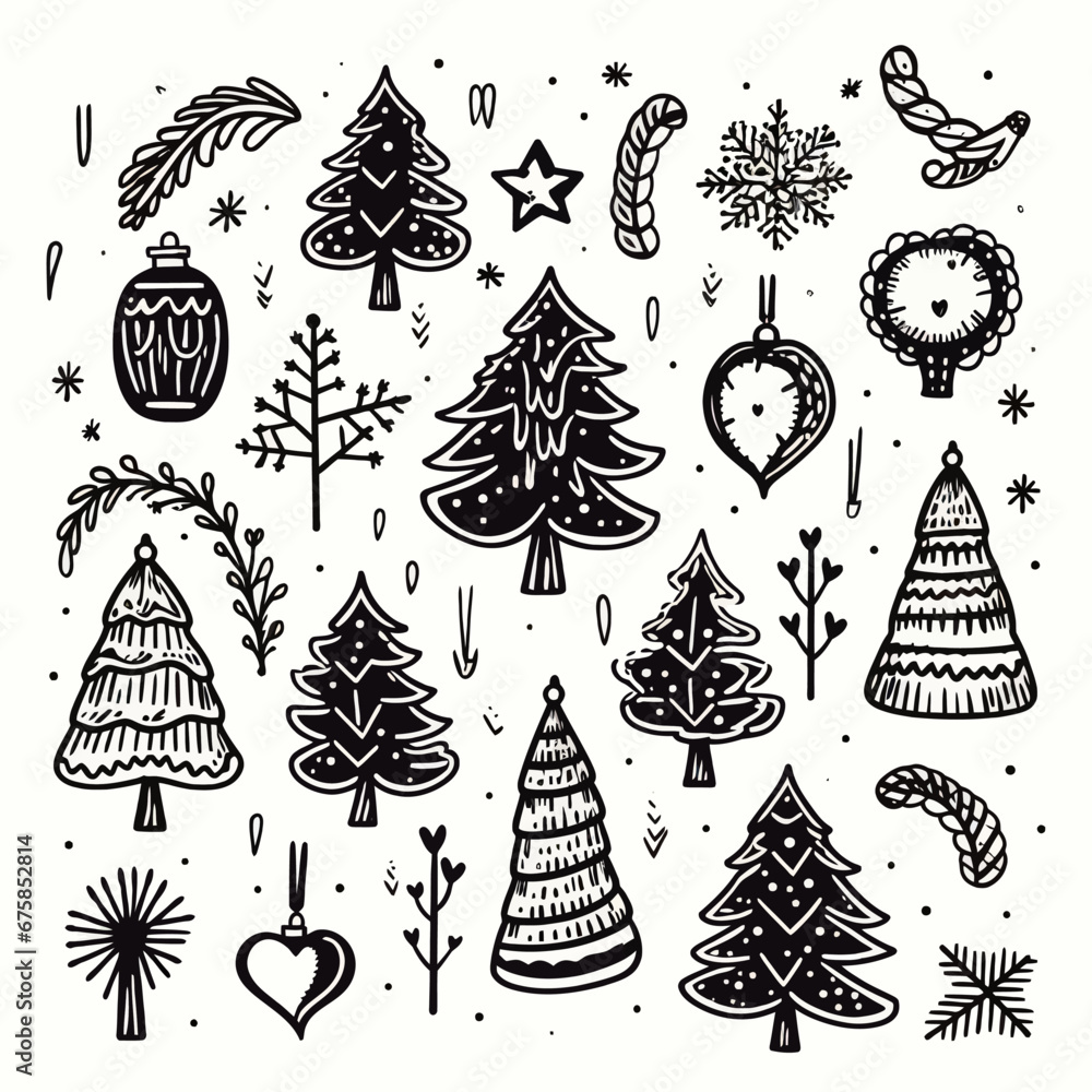 Vector black doodle christmas symbols clipart on white background Stock ...