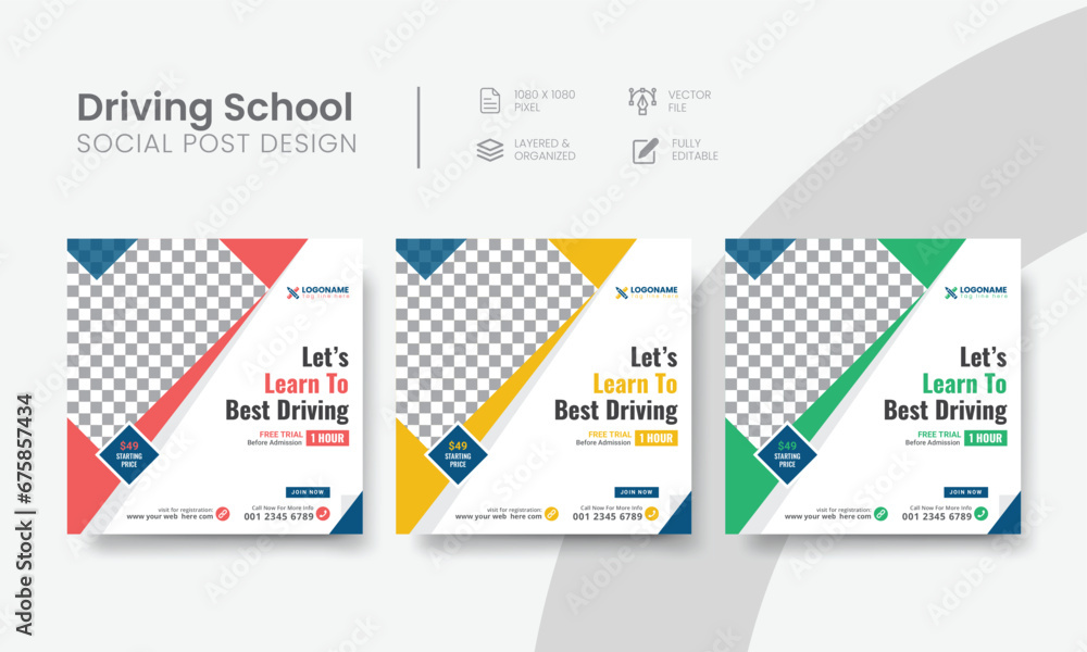 Driving school social media post for marketing web banner ads. Editable ...