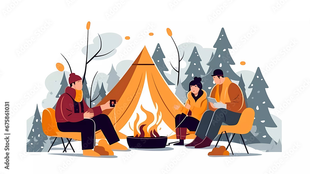 happy family winter holiday camping at campfire, sitting around bonfire ...