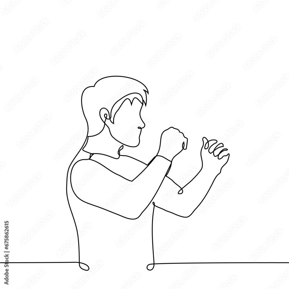 man in a stance with fists ready for defense or attack - one line art ...