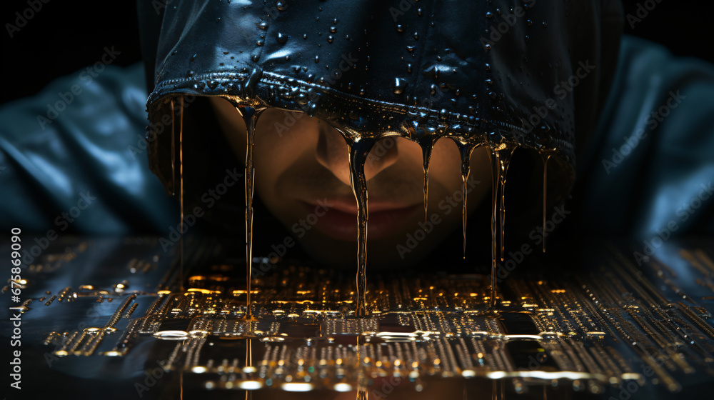 Golden hacker in a dark room, with laptop and table melting in front of ...