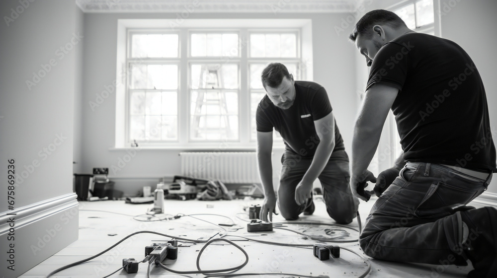 Two skilled and professional electricians working together on the ...