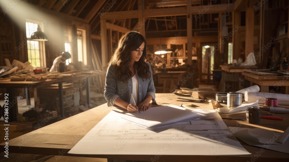 Behind the scenes, a female engineer on assignment is reviewing ...