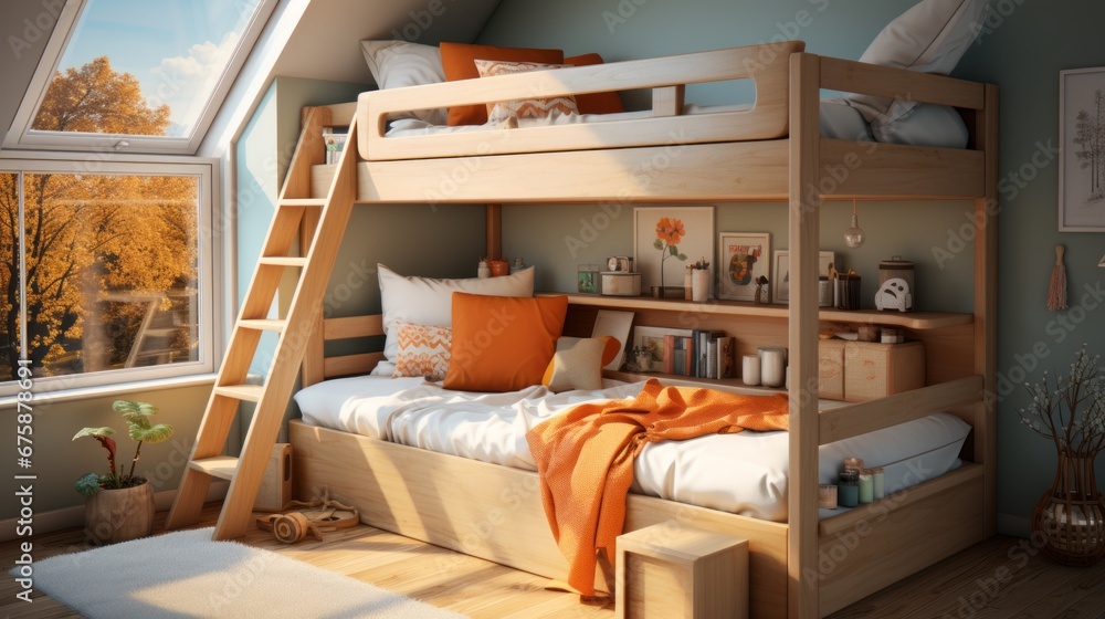 The children's bedroom has a cute, simple bunk bed. Stair safety ...