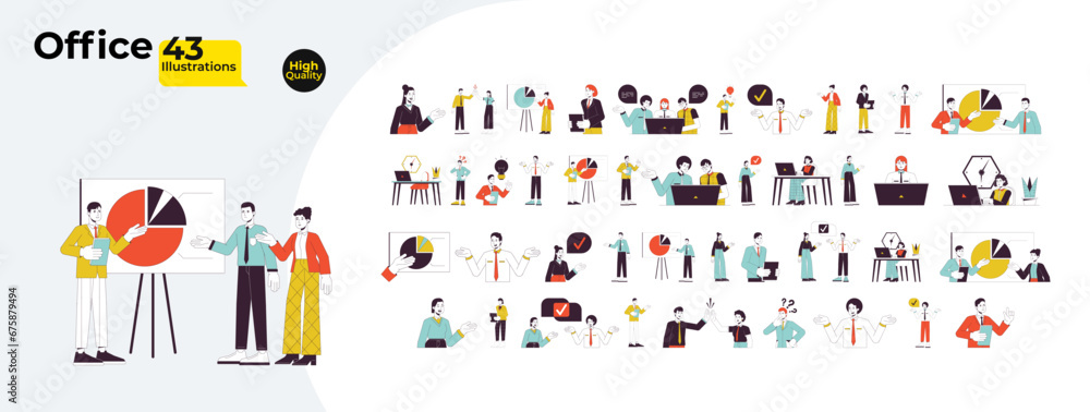 Multi-ethnic office workers line cartoon flat illustration bundle. Co ...