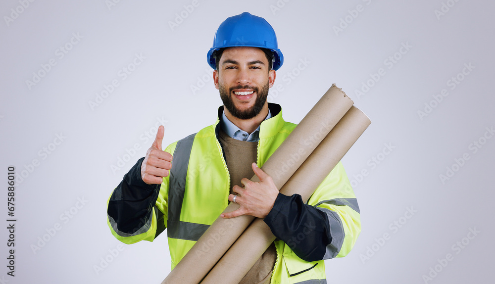 Engineering, man and thumbs up for architecture success, renovation and ...