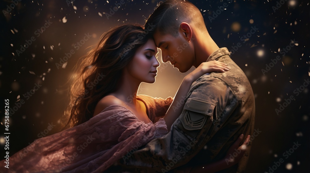 Soldier holds his beloved girl tightly, loving couple under blurry ...