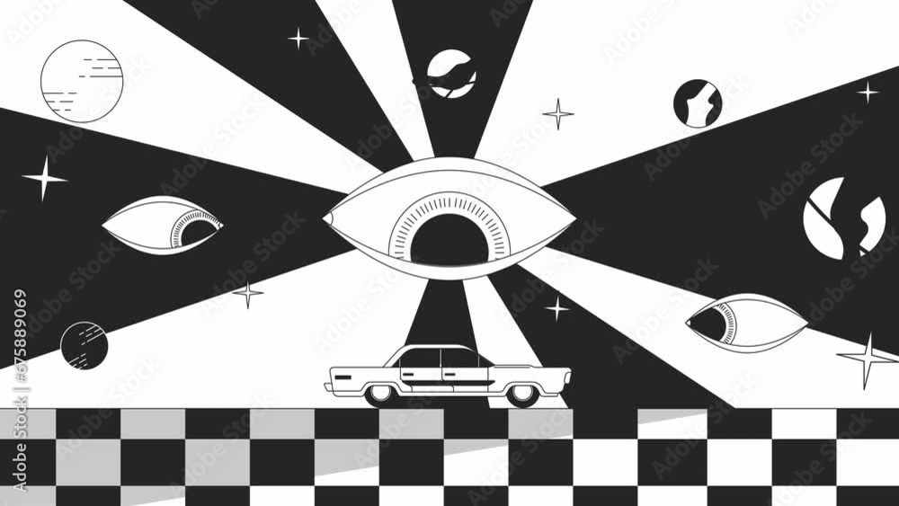 Trippy eyes watching over car riding bw outline 2D animation ...