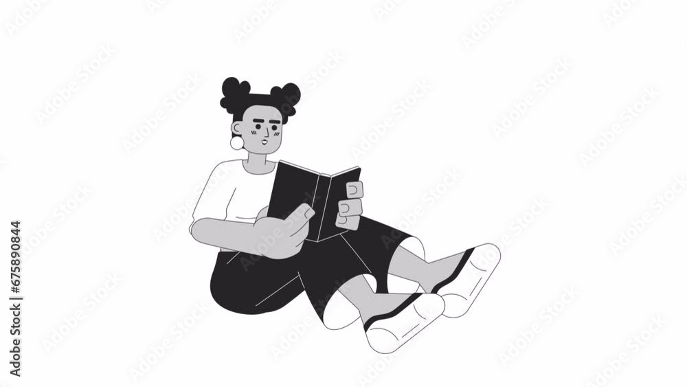 African american girl reading book bw 2D character animation. Black ...