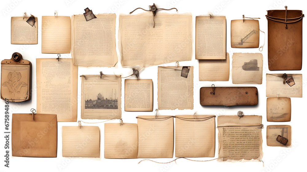 aged paper sheets, books, pages and old postcards isolated on white ...