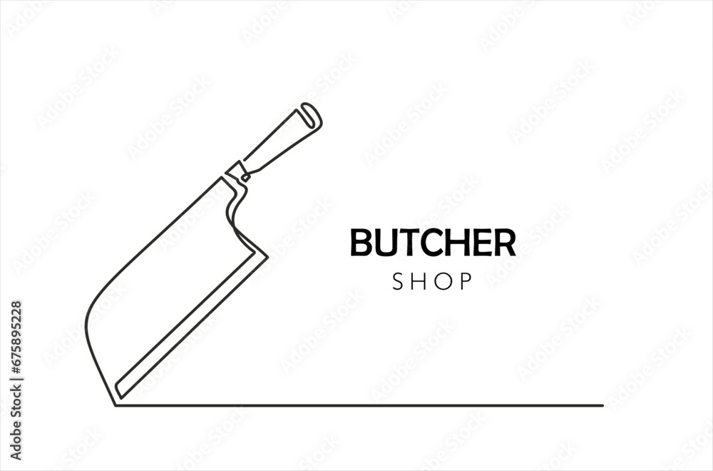 Butcher shop. Butcher knife, cleaver one line continuous drawing ...