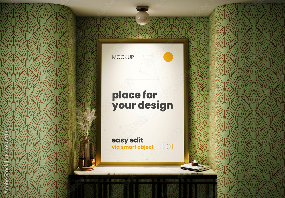 Art Deco Elegant Hall Spotlight Scene Vertical Poster Mockup Stock ...