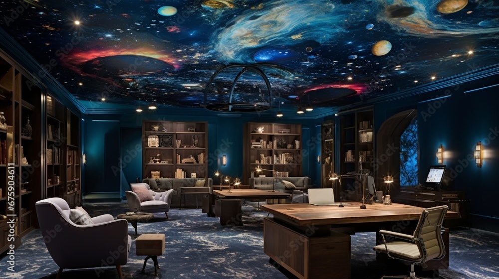 A space-themed work zone featuring celestial murals and LED stars that ...