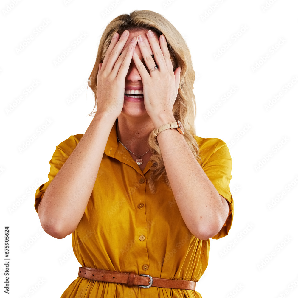 Embarrassed woman, laughing and cover face for funny joke, surprise and ...