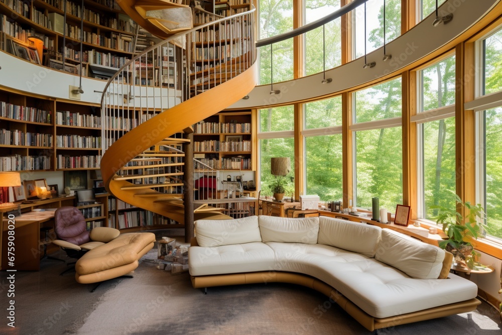 two-story library with a stunning spiral staircase as the focal point ...