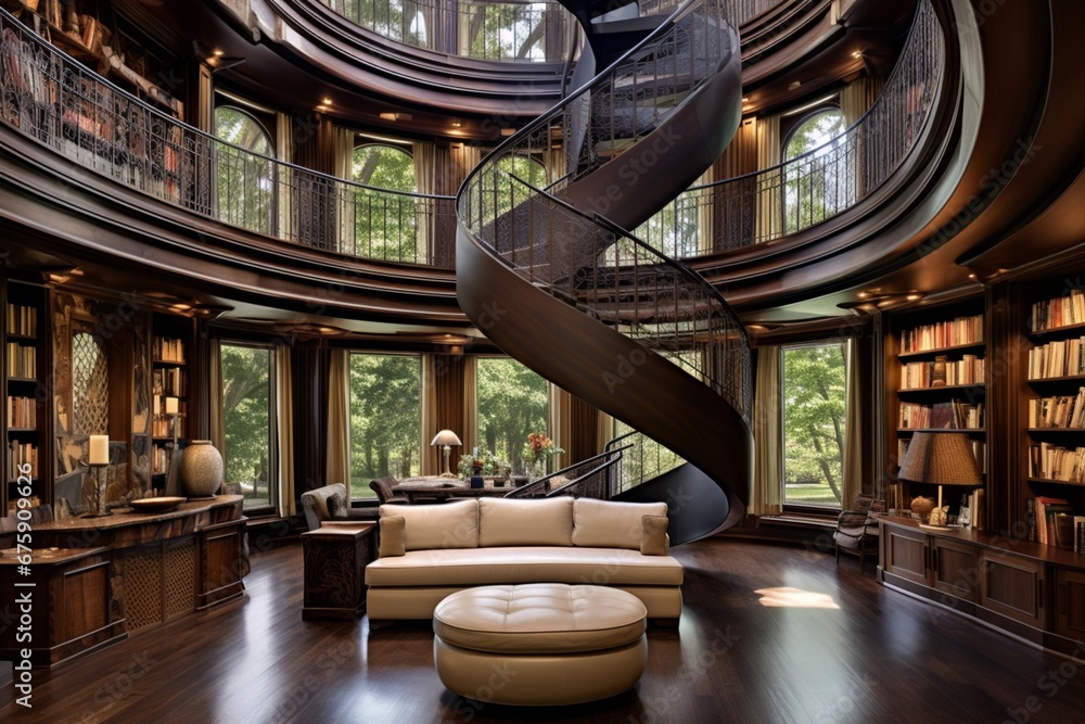 two-story library with a stunning spiral staircase as the focal point ...