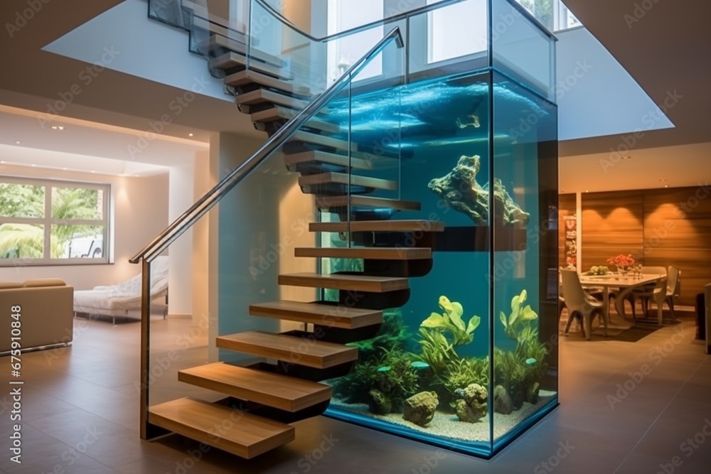 Transform a room with a floating staircase and a built-in fish tank ...