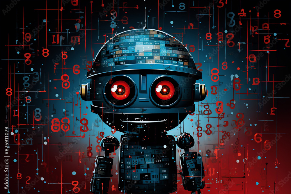 Small robot with glowing red eyes and digital codes Stock Illustration ...