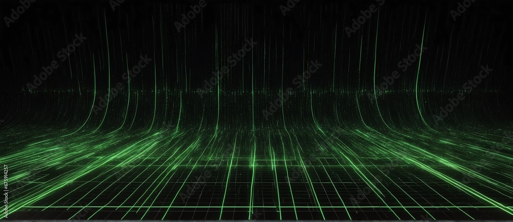 Abstract neon green lights of thin grid lines on plain black background ...