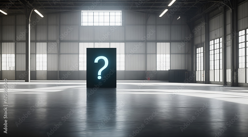 A glowy blue question mark standing in the middle of an empty warehouse ...