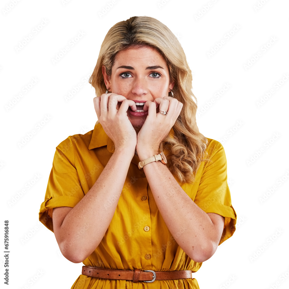 Stress, anxiety and portrait of woman biting nails with fear, danger or ...