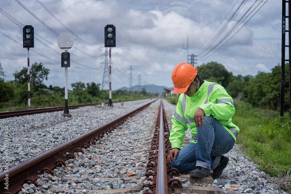 worker on a railroad. worker on the railway. construction worker with ...