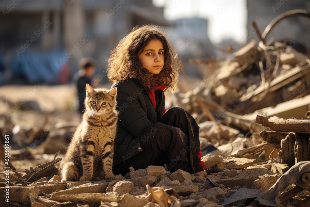 Portrait of a sad orphan girl and cat in destroyed city sitting on the ...