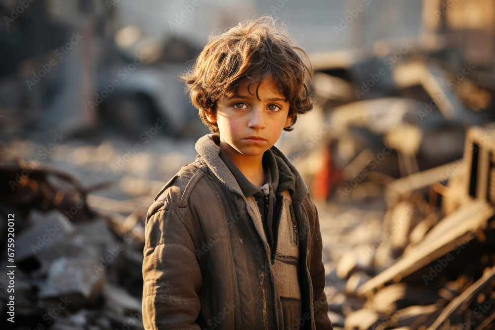 Portrait of a sad poor orphan boy in destroyed city standing in front ...