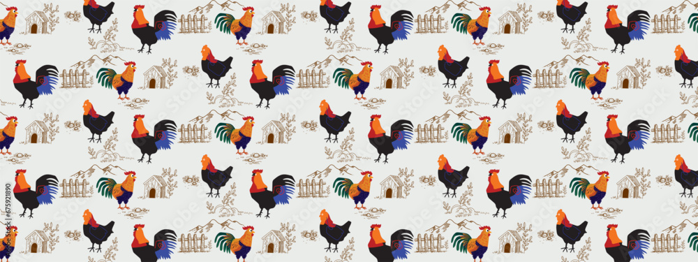 Abstract chicken, hen, rooster art seamless pattern with freehand ...