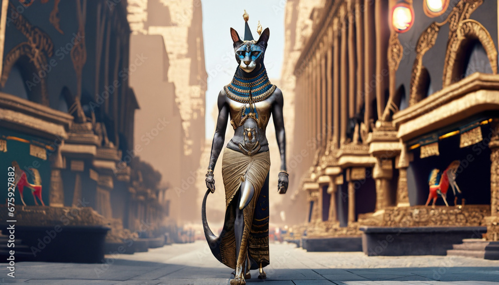The Goddess Bastet of ancient Egypt walks confidently and undaunted ...