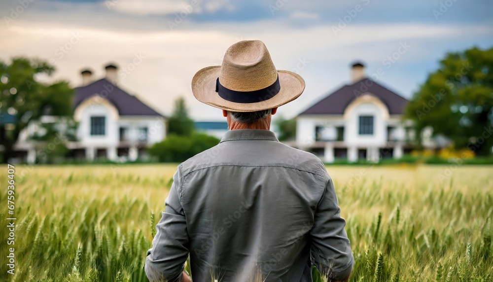 a adult white american farmer man standing on a wheat grass field ...